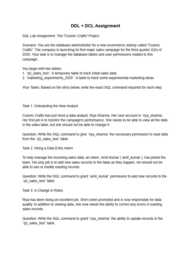 DDL + DCL Assignment | PDF | Databases | Sql