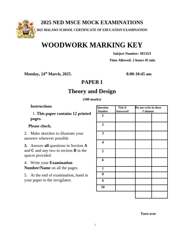 2025 Malawi MSCE Woodwork Exam Paper | PDF | Upholstery | Lumber