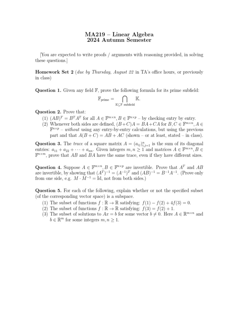 MA219 - Linear Algebra 2024 Autumn Semester: Homework Set 2 | PDF