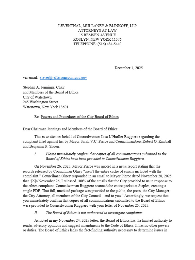Board of Ethics - Ruggiero Letter 12-1-25 | PDF | Attorney–Client Privilege | Justice