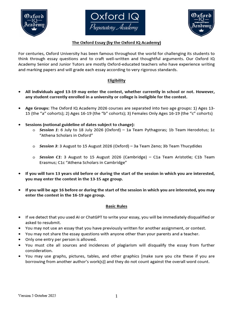 Oxford Essay Contest 2026 Guidelines | PDF | Essays | Archaeology