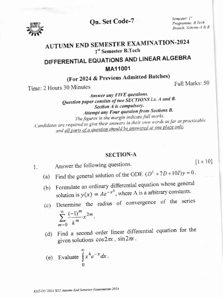 B.Tech Differential Equations Exam 2024 | PDF | Mathematical Objects ...