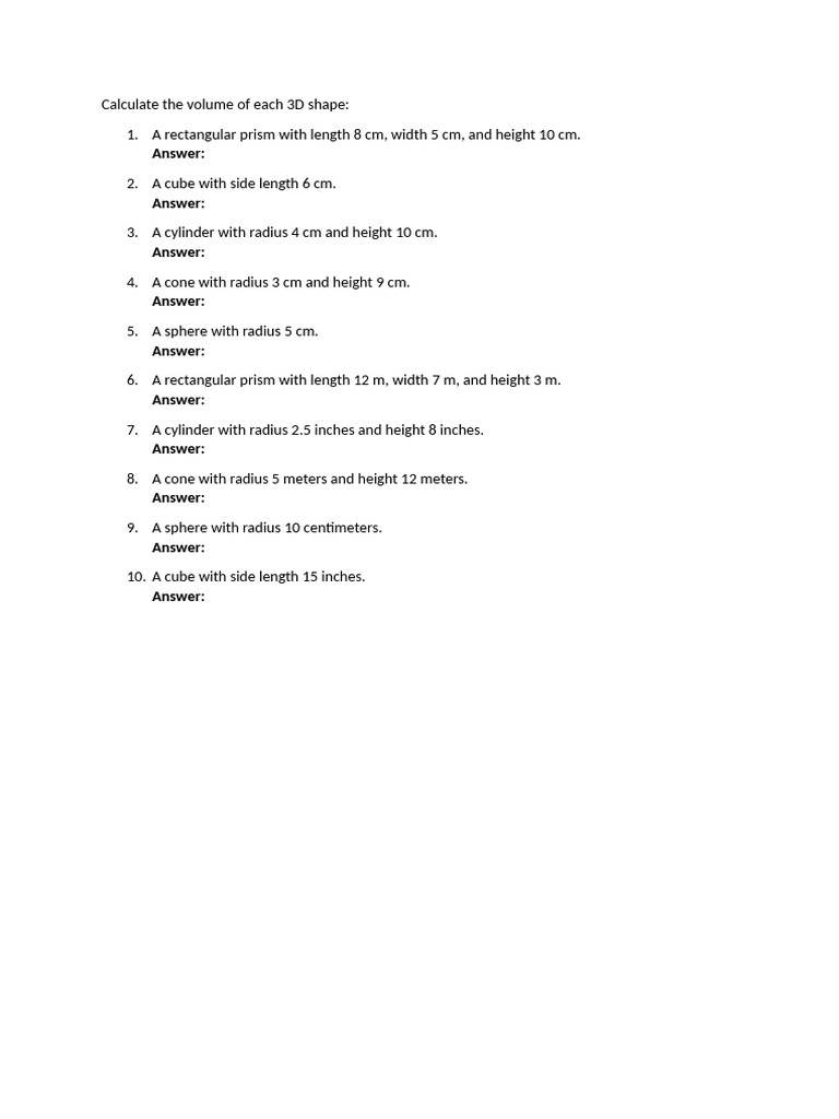 Volume Calculations for 3D Shapes | PDF