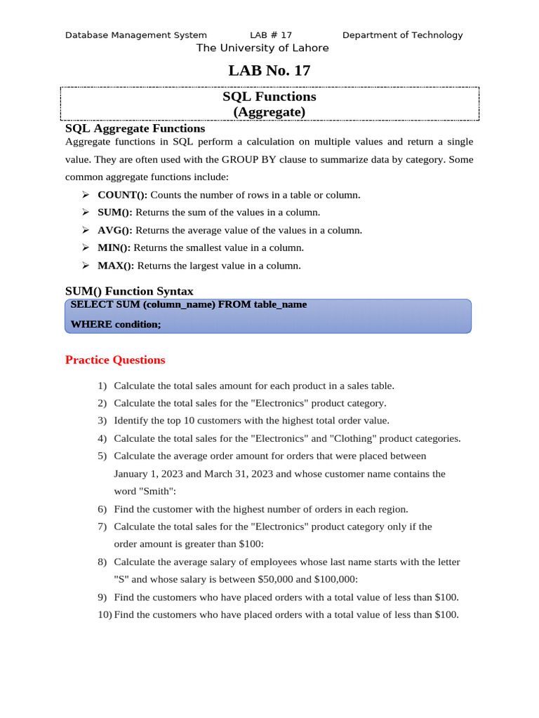 DBMS Lab 17 Aggregate Function | PDF | Salary | Sql