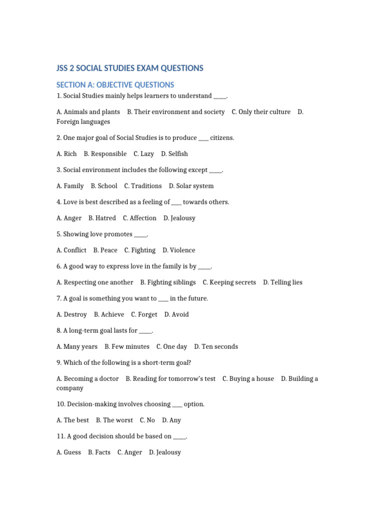 JSS 2 Social Studies Exam Questions | PDF | Social Psychology