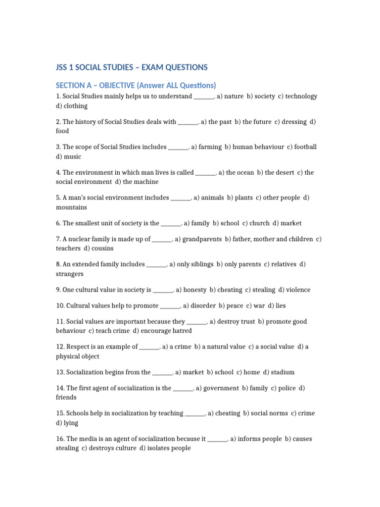 JSS1 Social Studies Exam Questions | PDF | Theft | Crimes