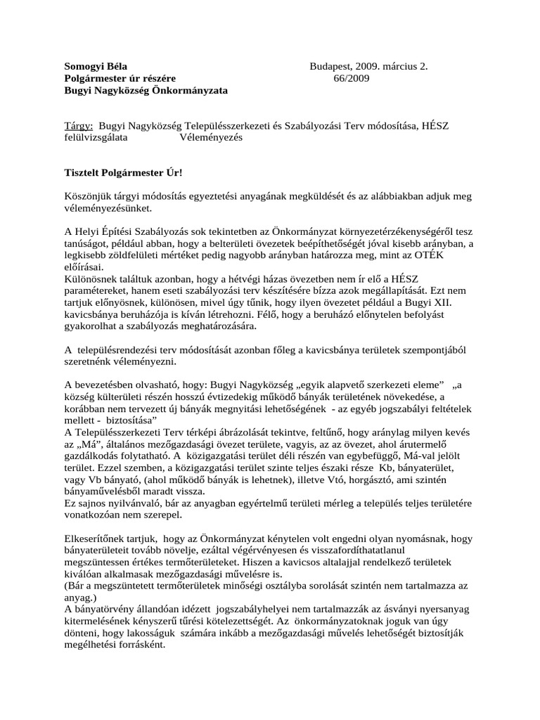 Bugyi Szabalyozasi Terv Velemenyezes | PDF