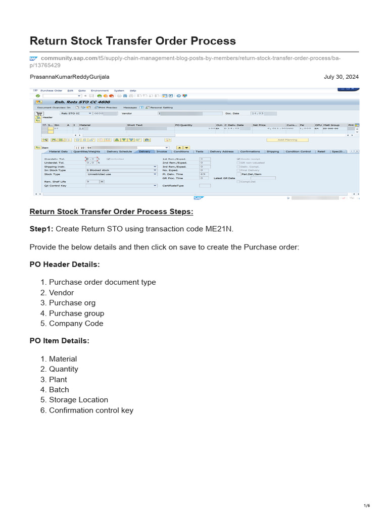 Return Stock Transfer Order Steps | PDF