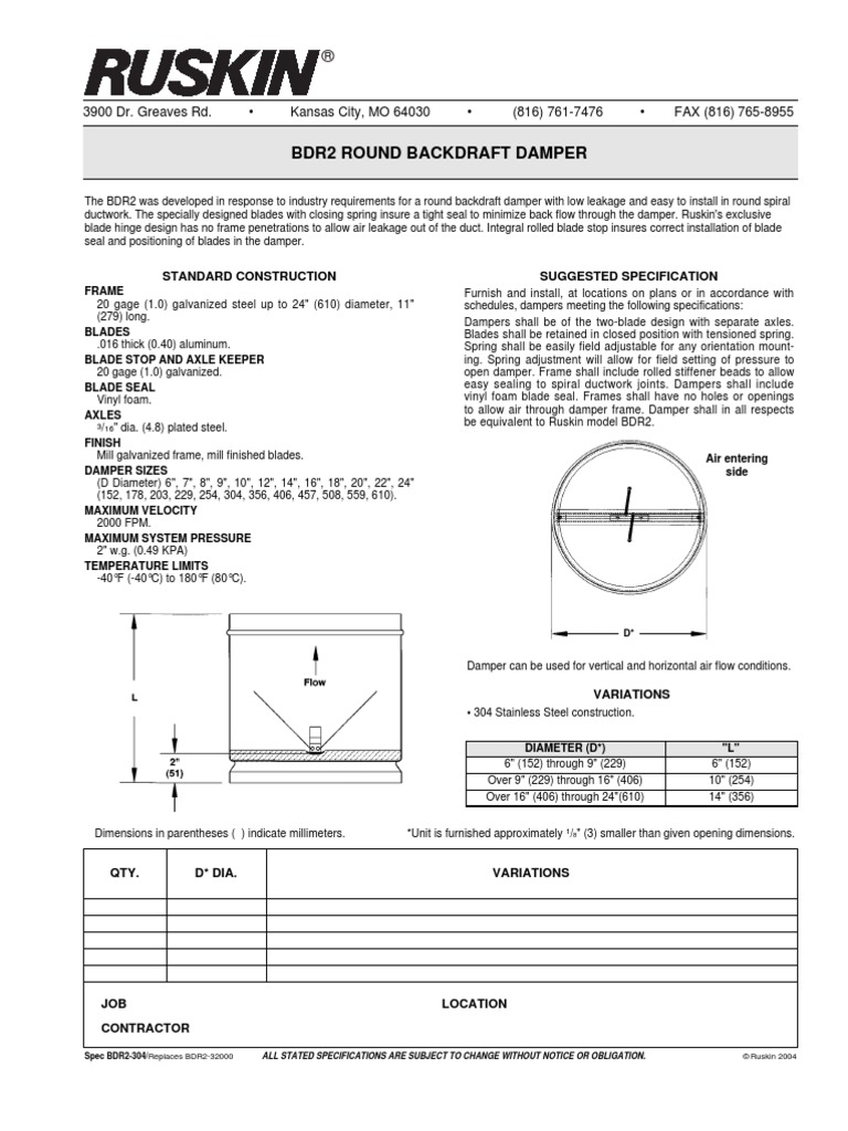 Round Backdraft Damper Specs | PDF | Duct (Flow) | Blade
