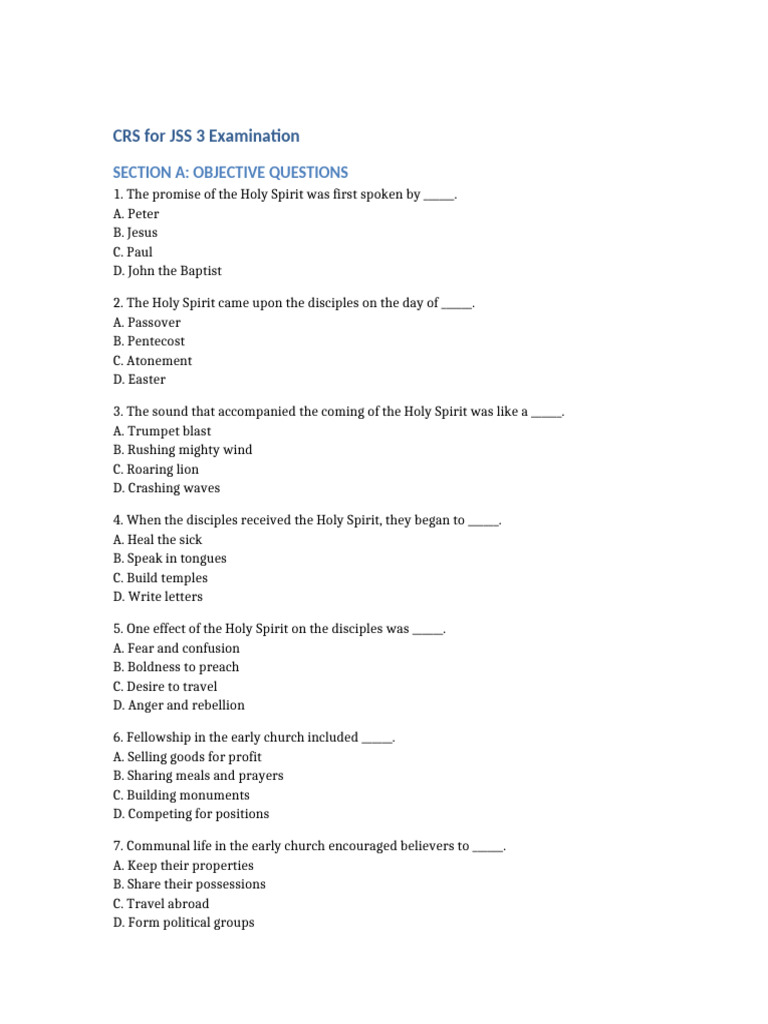 CRS JSS 3 Holy Spirit Exam Guide | PDF | Early Christianity | Saint Peter