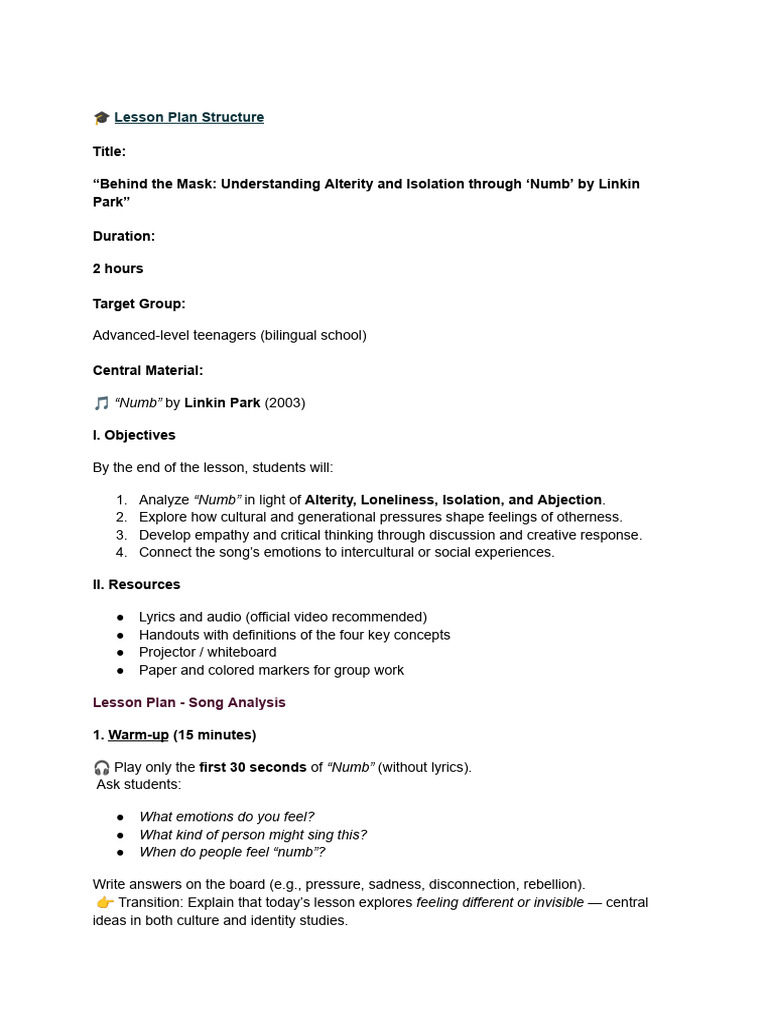 Lesson Plan - Song Analysis (1) - Removed | PDF | Psychology ...