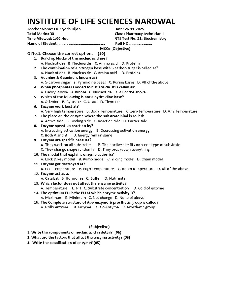 NTS Test No. 21 Biochemistry(1)(1) | PDF | Nucleotides | Enzyme