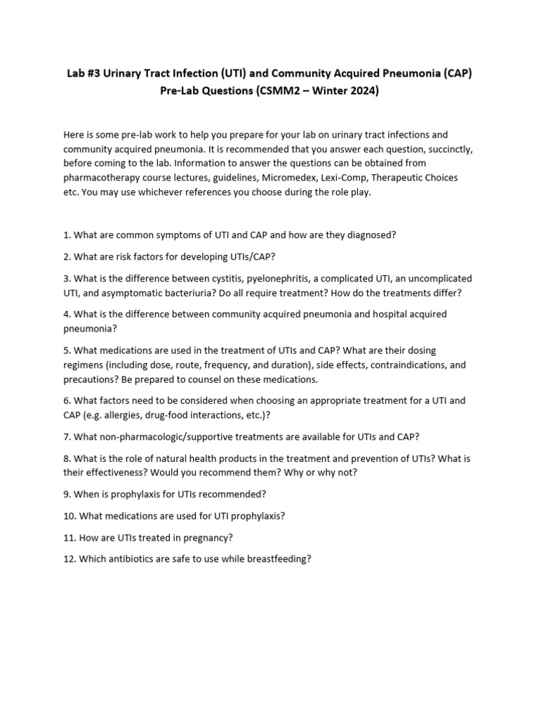 Pre Lab+Questions +UTI+and+CAP+ (Winter+2024) | PDF