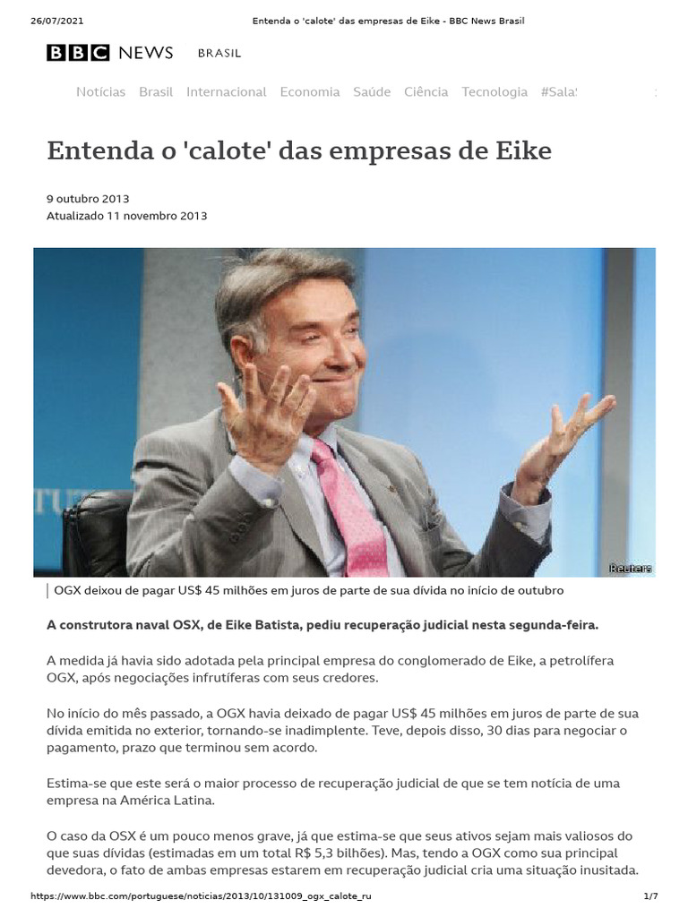 Artigo - Entenda o calote das empresas de Eike - BBC News Brasil | PDF ...