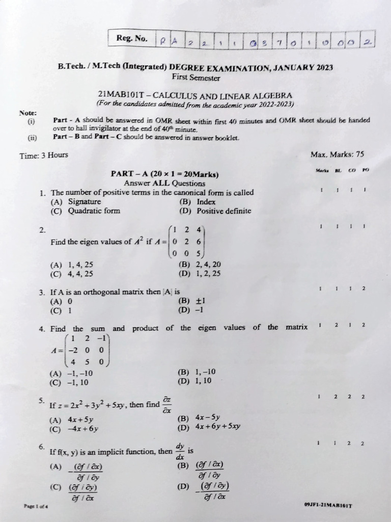 21MAB101T Jan 2023 (1) | PDF | Mathematical Objects | Differential Geometry