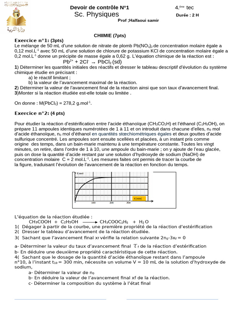 Devoir de contrôle en Sc. Physiques 4ème TEC | PDF | Tension électrique ...