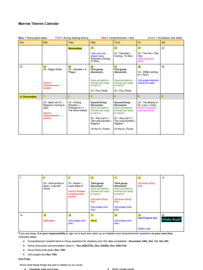 The Marrow Thieves Novel Study Calendar | PDF