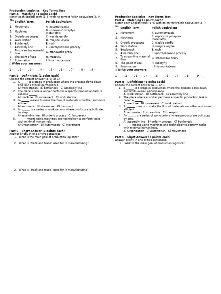 Production Logistics Key Terms Quiz | PDF | Chess Openings | Chess Theory