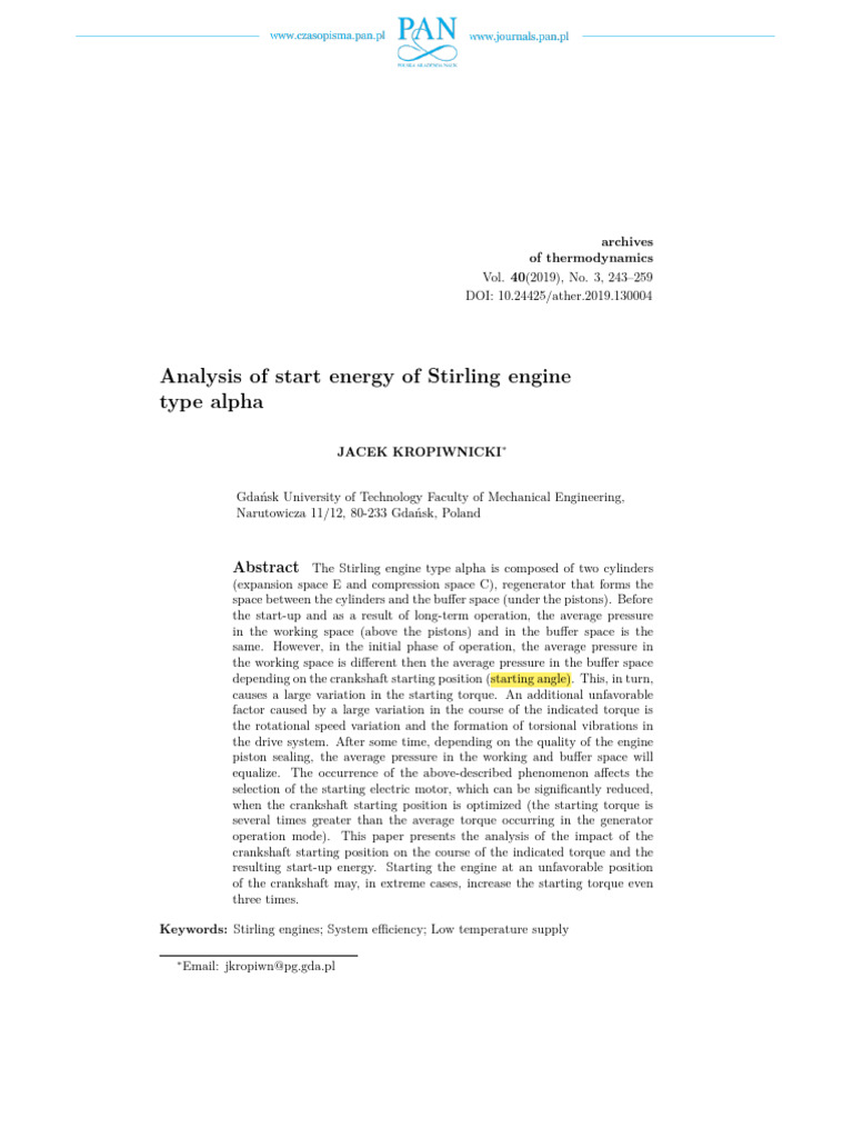 Analysis of Start Energy of Stirlin | PDF | Engines | Gases