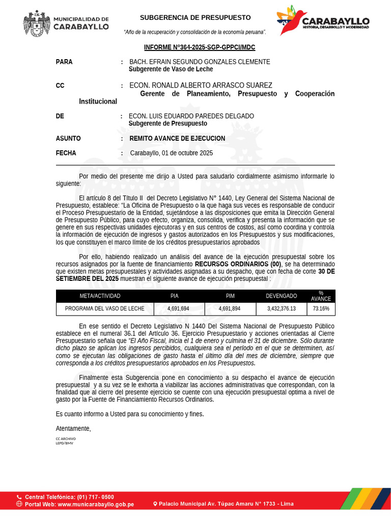 INFORME N°364-2025-SGP- REMITO AVANCE DE EJECUCION rubro 00 VASO DE ...