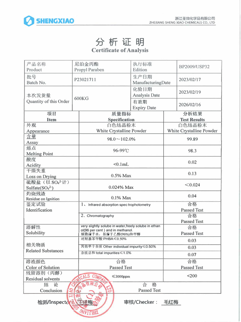 Propil Parabeno Shengxiao Lote p23021711 | PDF