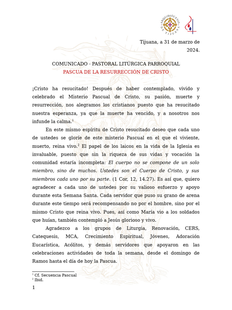 Comunicado sobre la Pascua 2024 | PDF | Pascua de Resurrección | Cristo ...