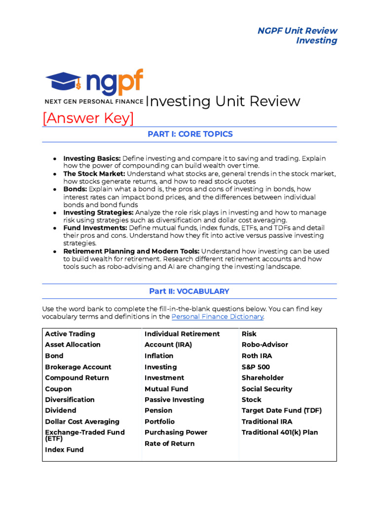 Investing Unit Review and Vocabulary Guide | PDF | Investing ...