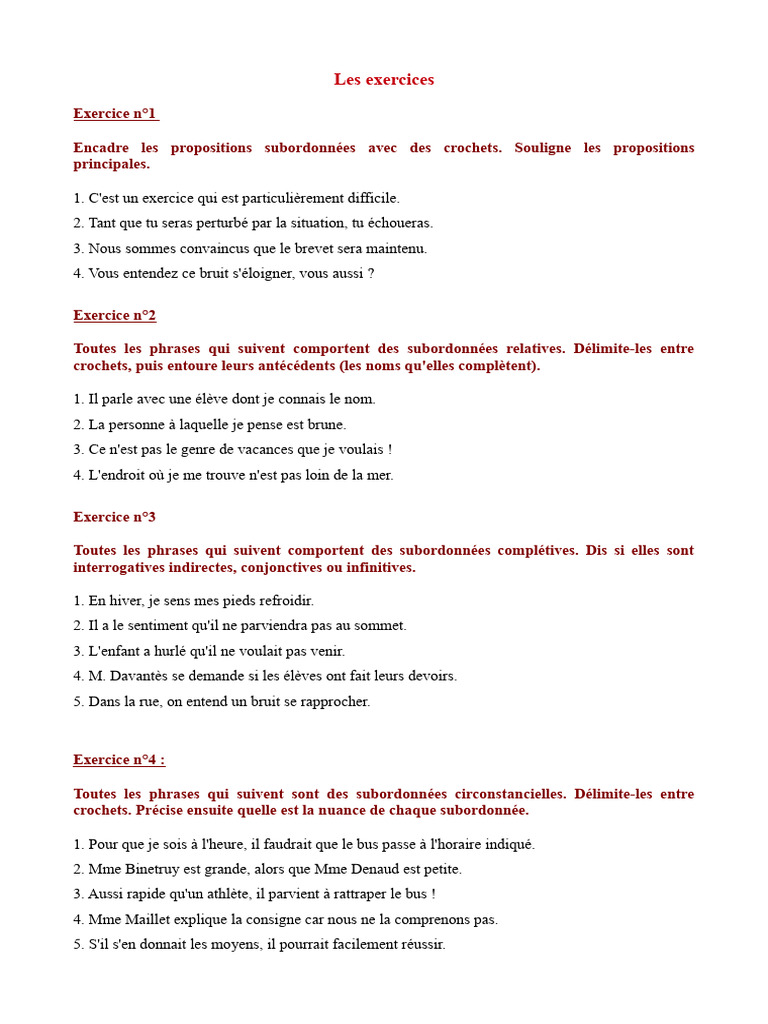 Exercices sur les propositions subordonnées | PDF | Clause | Syntaxe