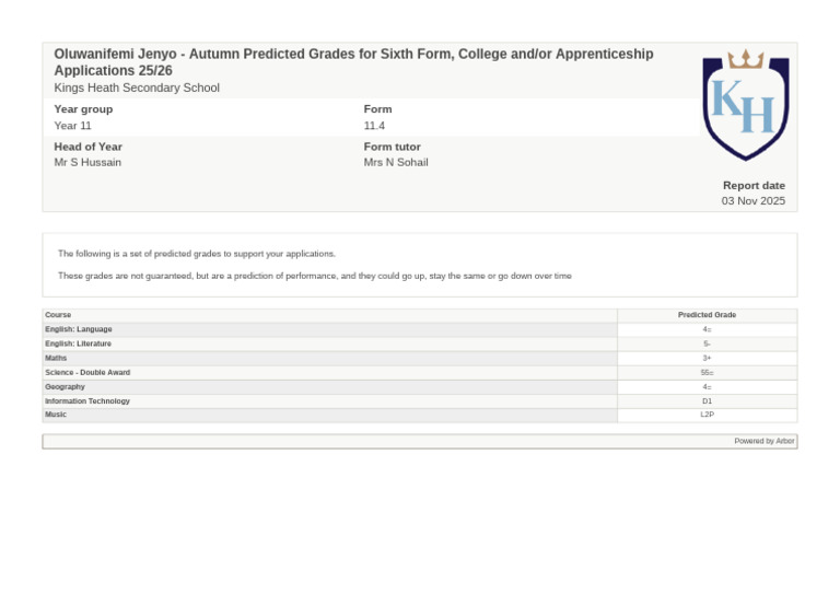 Student Report - Autumn Predicted Grades for Sixth Form College and-Or Apprenticeship ...