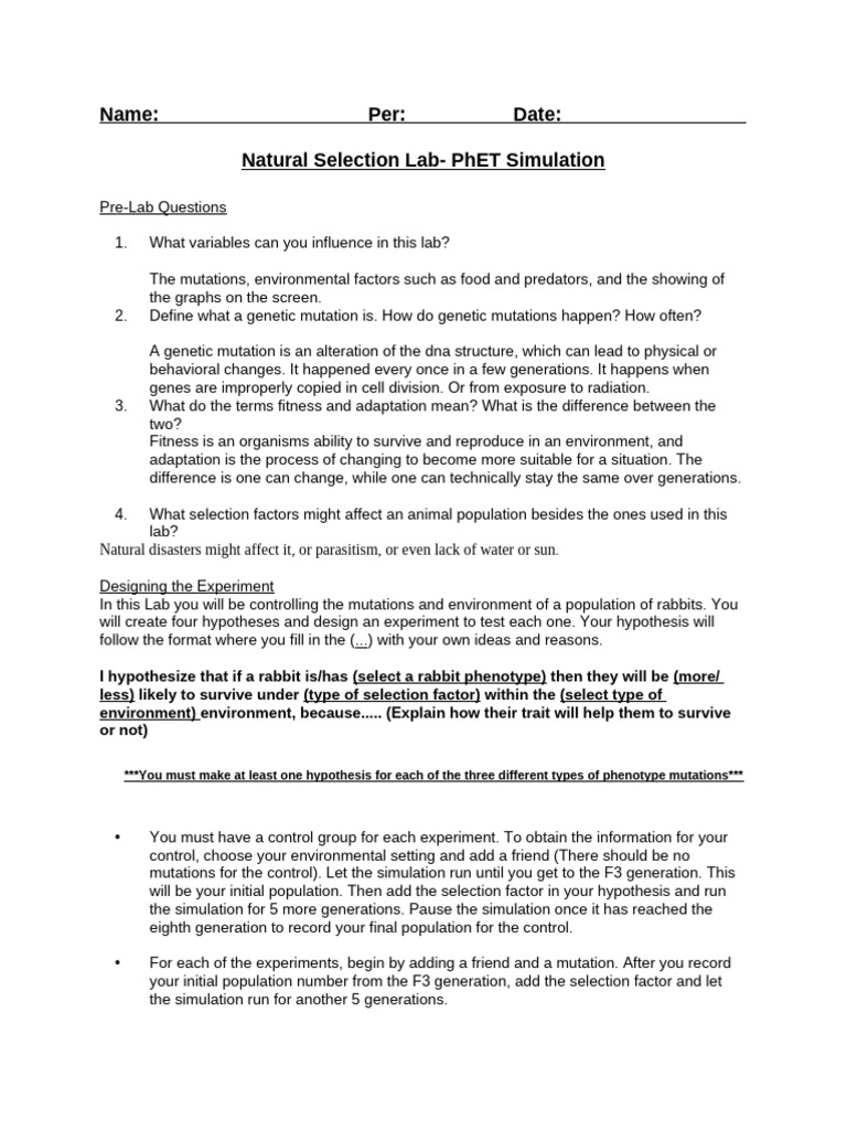 Copy of PhET Natural Selection Lab | PDF | Natural Selection | Genetics