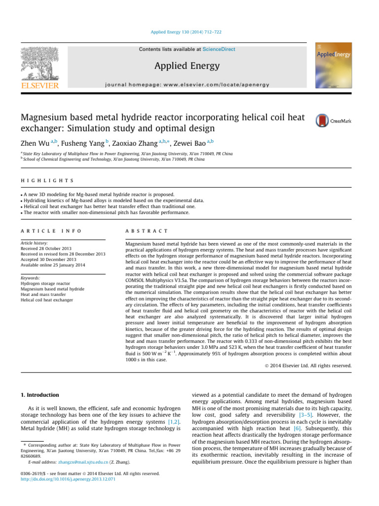 Magnesium Based Metal Hydride Reactor Incorporating Helical Coil Heat ...
