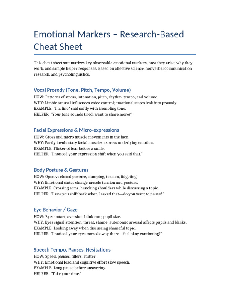 Emotional Markers Cheat Sheet Guide | PDF | Emotions | Nonverbal ...
