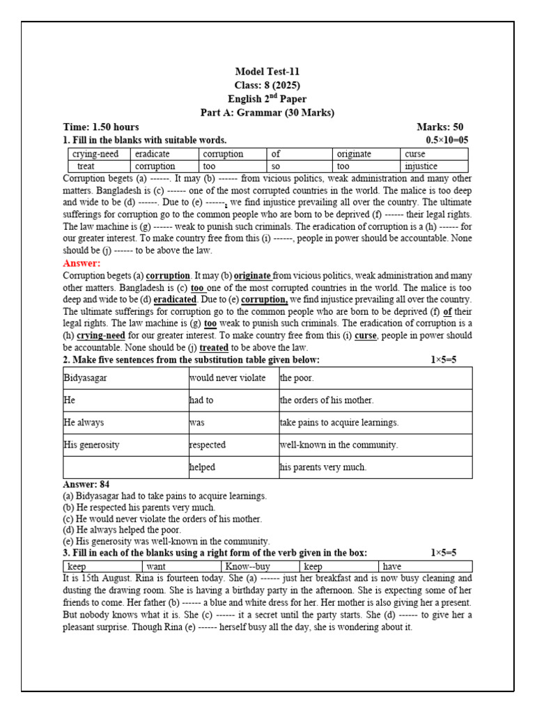 Class-8 (Model Test-11) Answer 2nd Paper | PDF