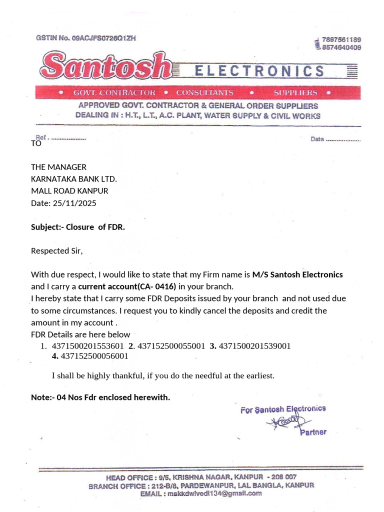Request for FDR Closure at Karnataka Bank | PDF