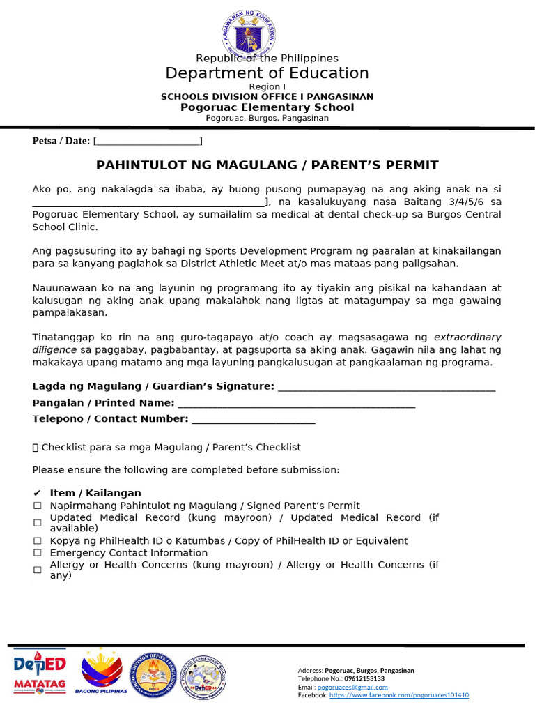 Pahintulot NG Magulang o Parents Permit para Sa Checkup | PDF