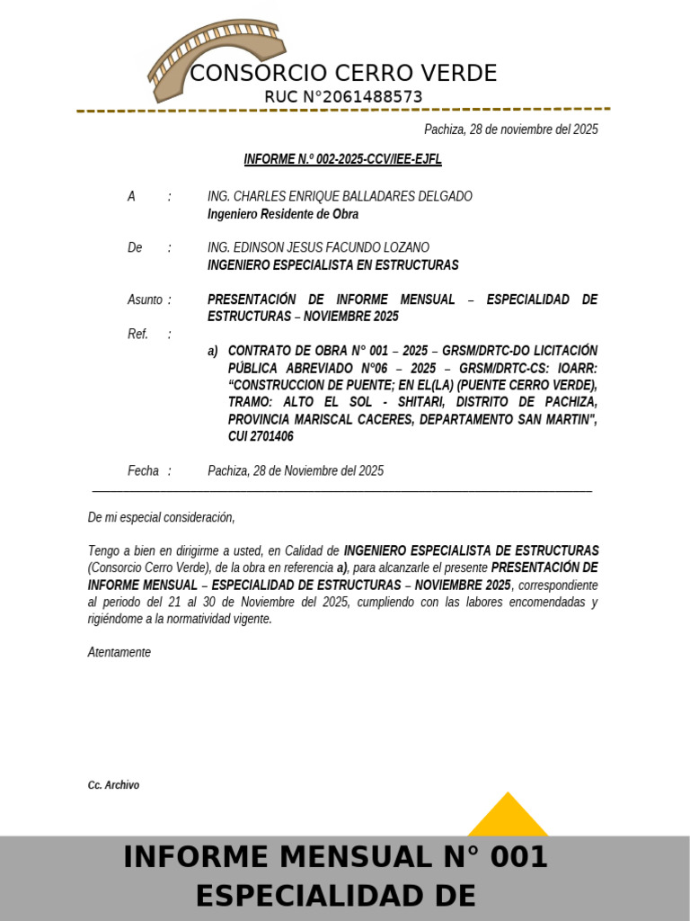 Carta 002-2025-Esp - Estructuras - Mensual01 | PDF | Hormigón | Puente
