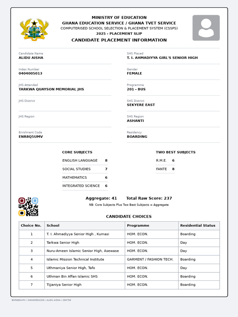2025 CSSPS Placement Slip for Alidu Aisha | PDF