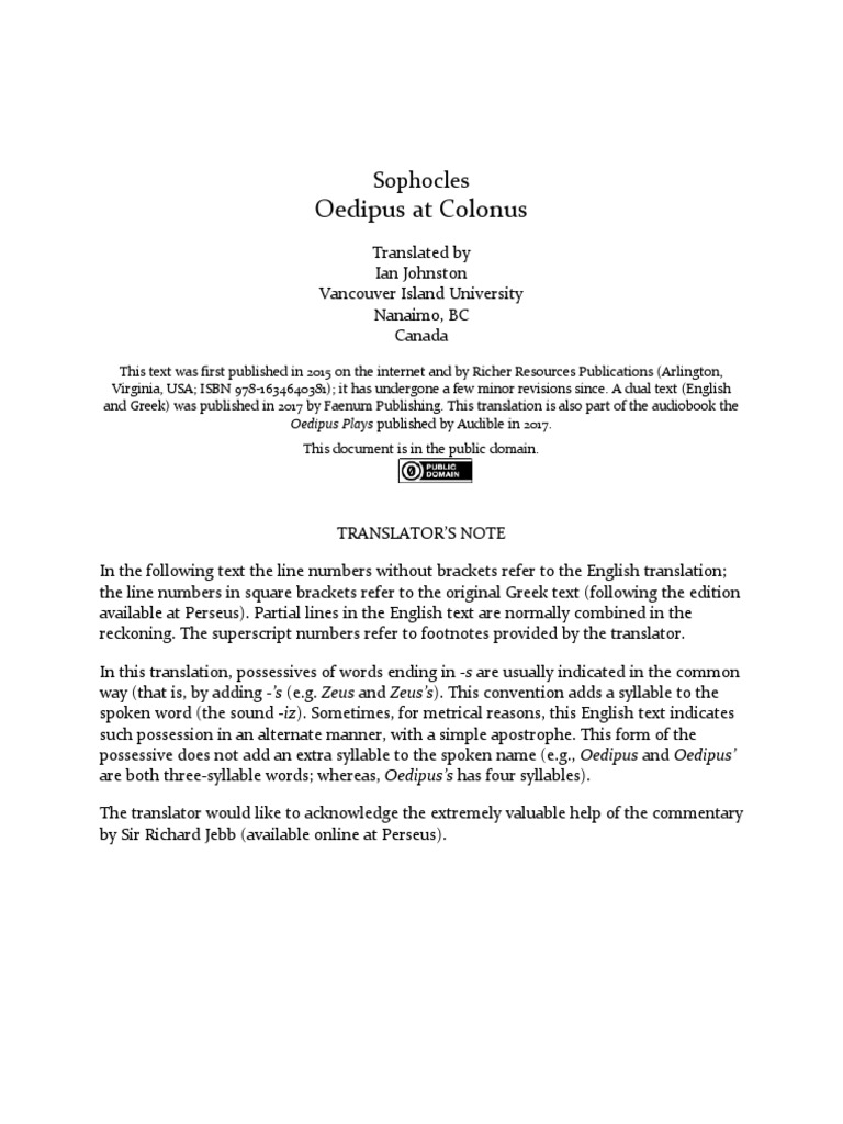 Odepius at Colonus - Sophocles | PDF | Oedipus | Theban Mythology