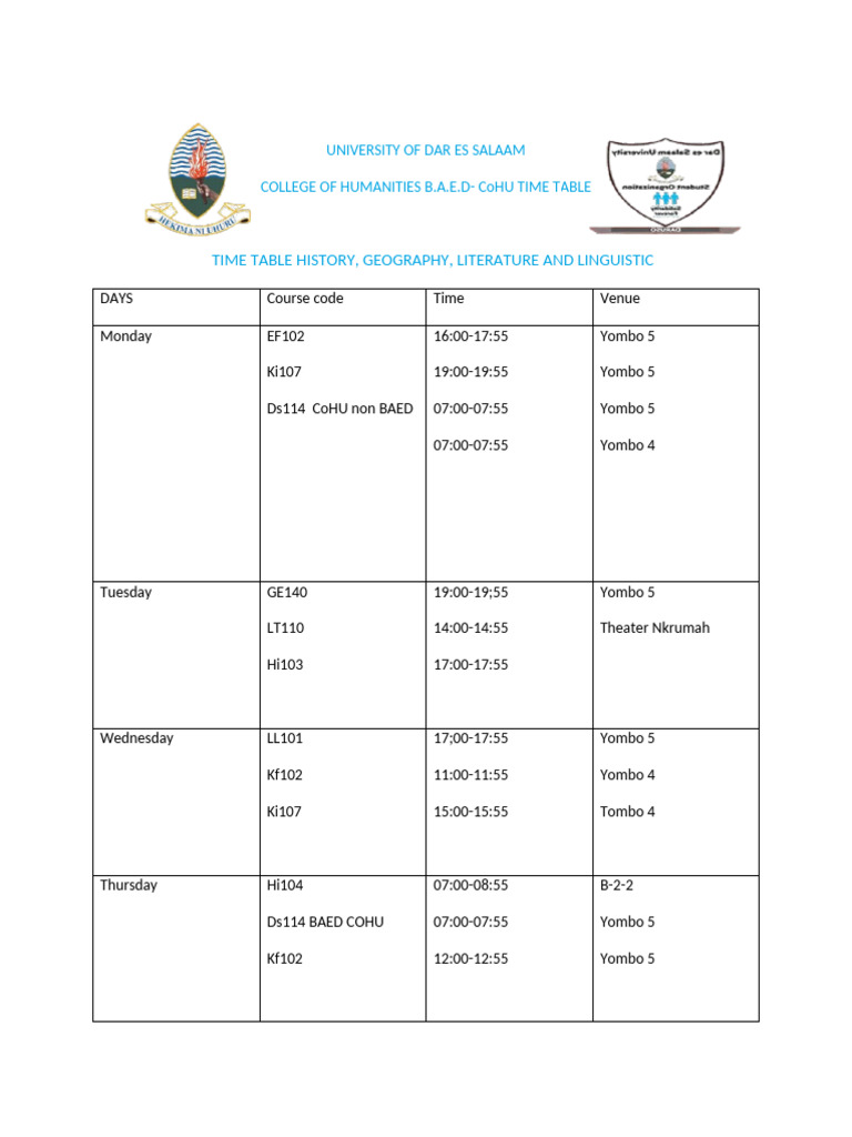 CoHU BAED Timetable: History & Literature | PDF
