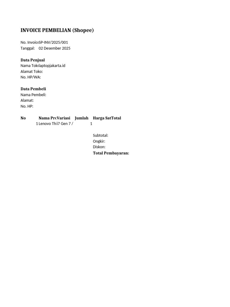 Invoice Pembelian Shopee Lenovo Thii7 | PDF