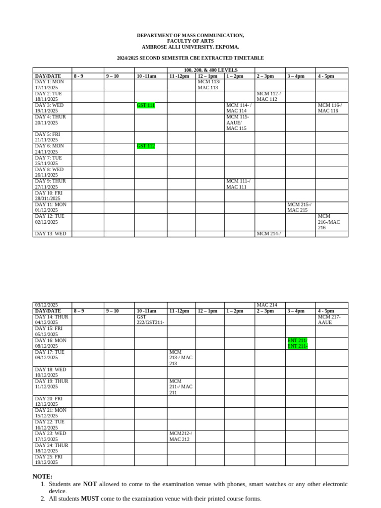 Cbe Second Semester Timetable For Mass Comm | PDF