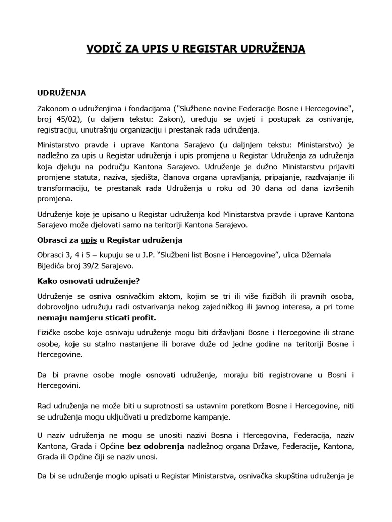 Vodic Za Upis U Registar Udruzenja - Mart 2020 | PDF