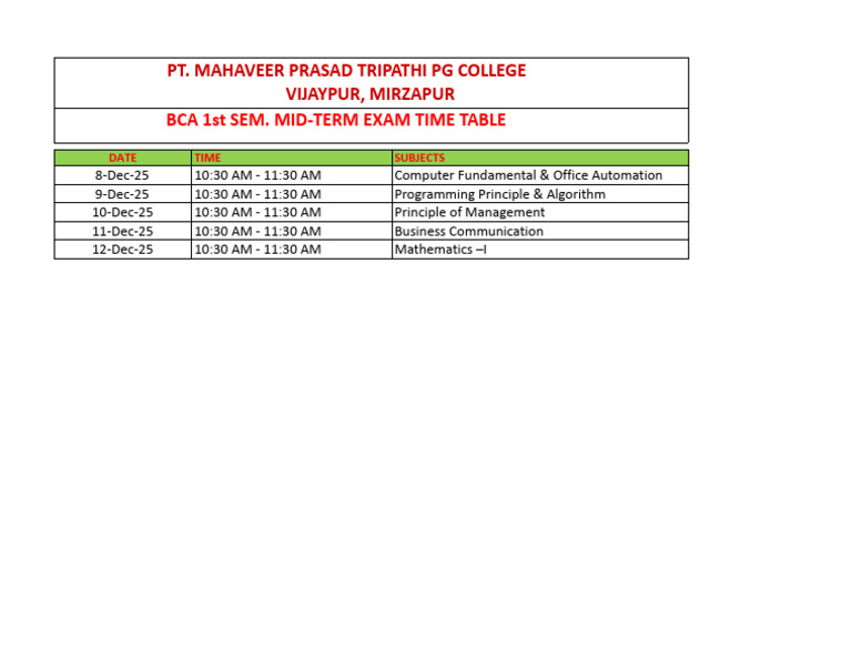 Mid-Term - Time - Table - Bca 1st Mid-Sem Time-Table | PDF