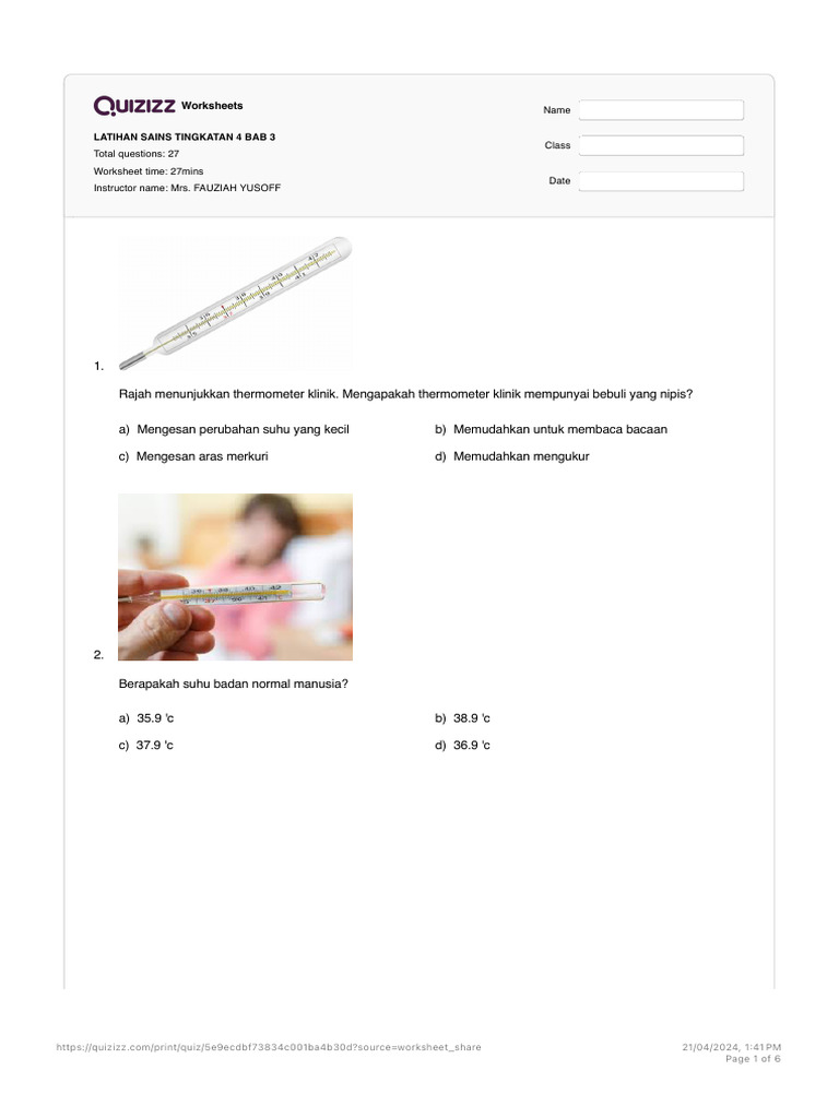 Latihan Sains Tingkatan 4 Bab 3 | Quizizz | PDF