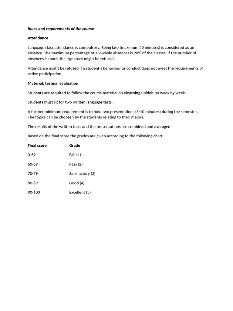 Rules and Requirements of The Course | PDF