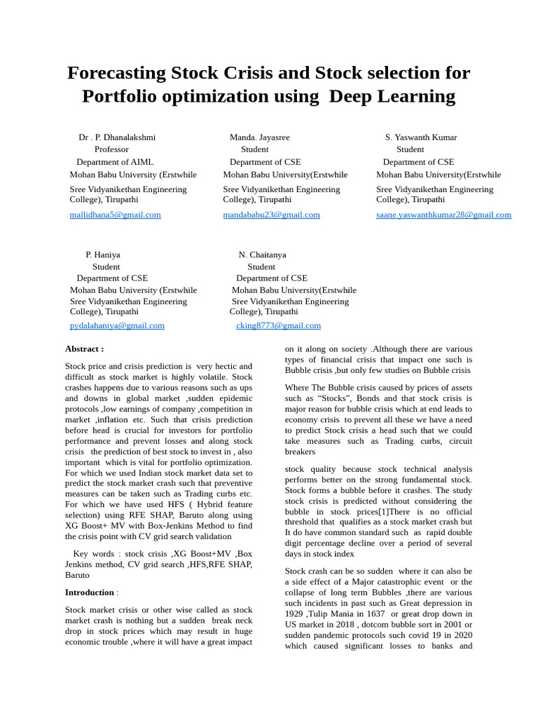 Forecasting Stock Crisis and Price Prediction For Stock Selection and ...