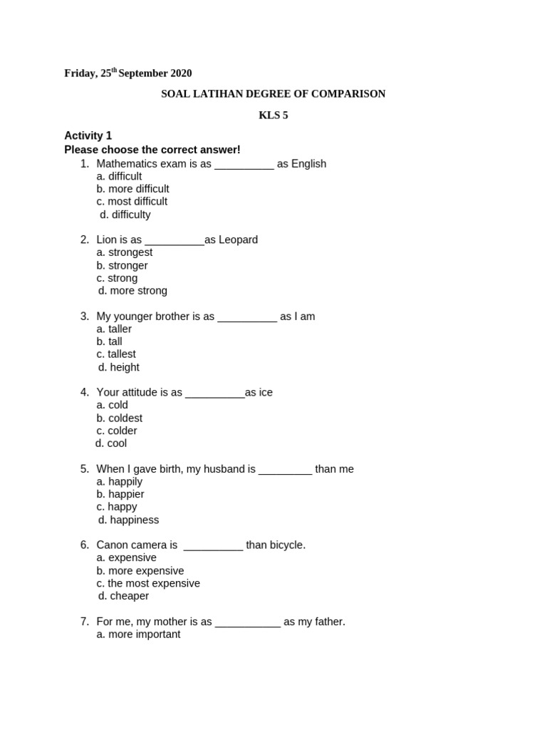 Degree of Comparison Exercise Kls 5 | PDF