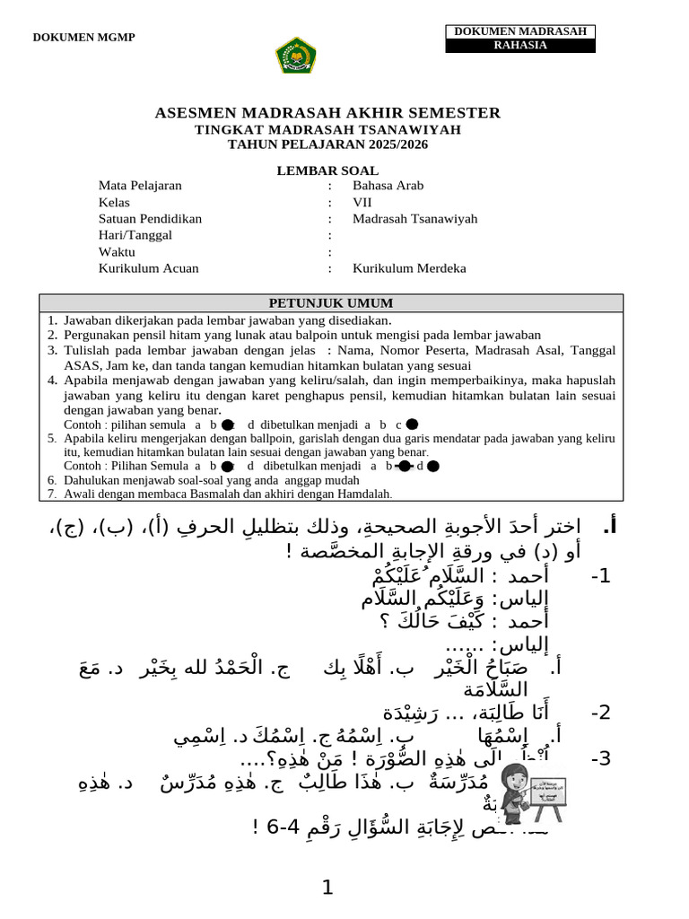 NASKAH SOAL BAHASA ARAB KELAS 7 ASAS GANJIL | PDF