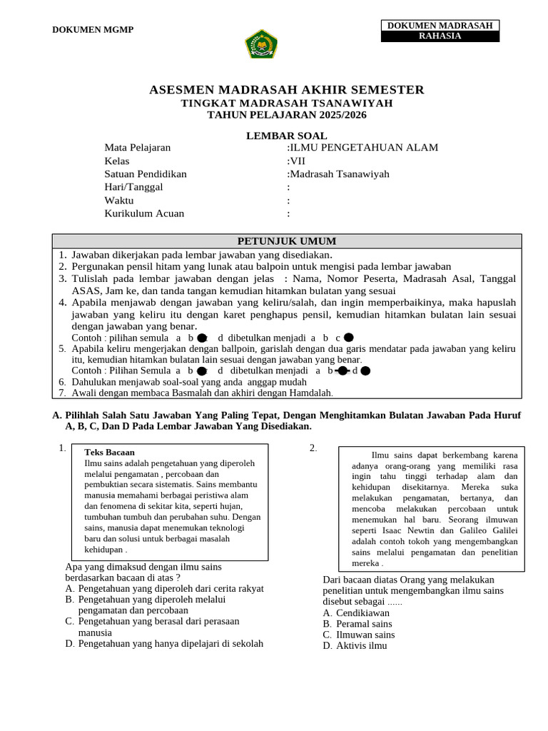 NASKAH SOAL IPA KELAS 7 | PDF
