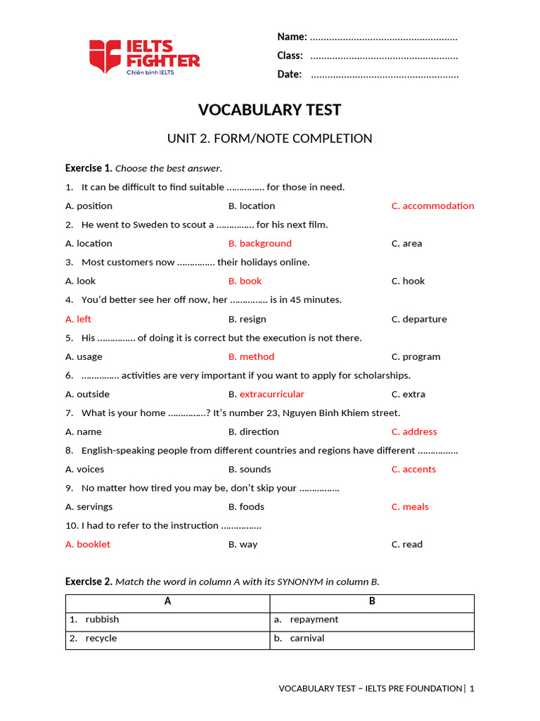 VOCAB TEST 2. UNIT 2. Form - Note Completion | PDF | Chess Theory | Chess